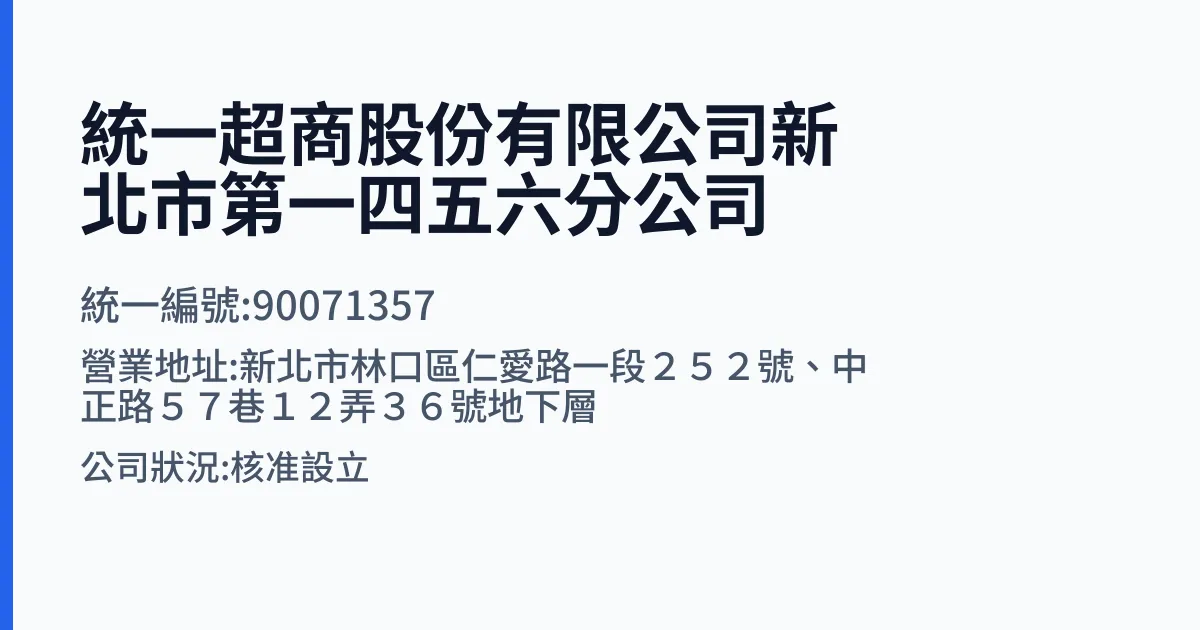 統一超商股份有限公司新北市第一四五六分公司 - 統編 90071357(新北市) 公司登記資料與營業項目詳細圖表
