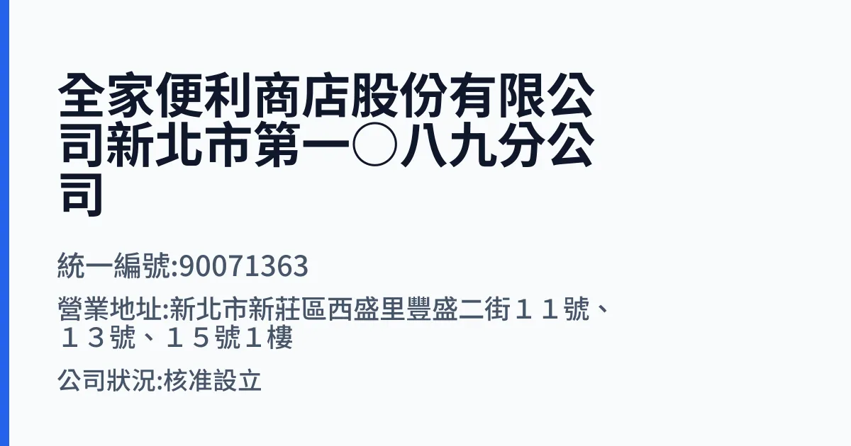 全家便利商店股份有限公司新北市第一○八九分公司 - 統編 90071363(新北市) 公司登記資料與營業項目詳細圖表