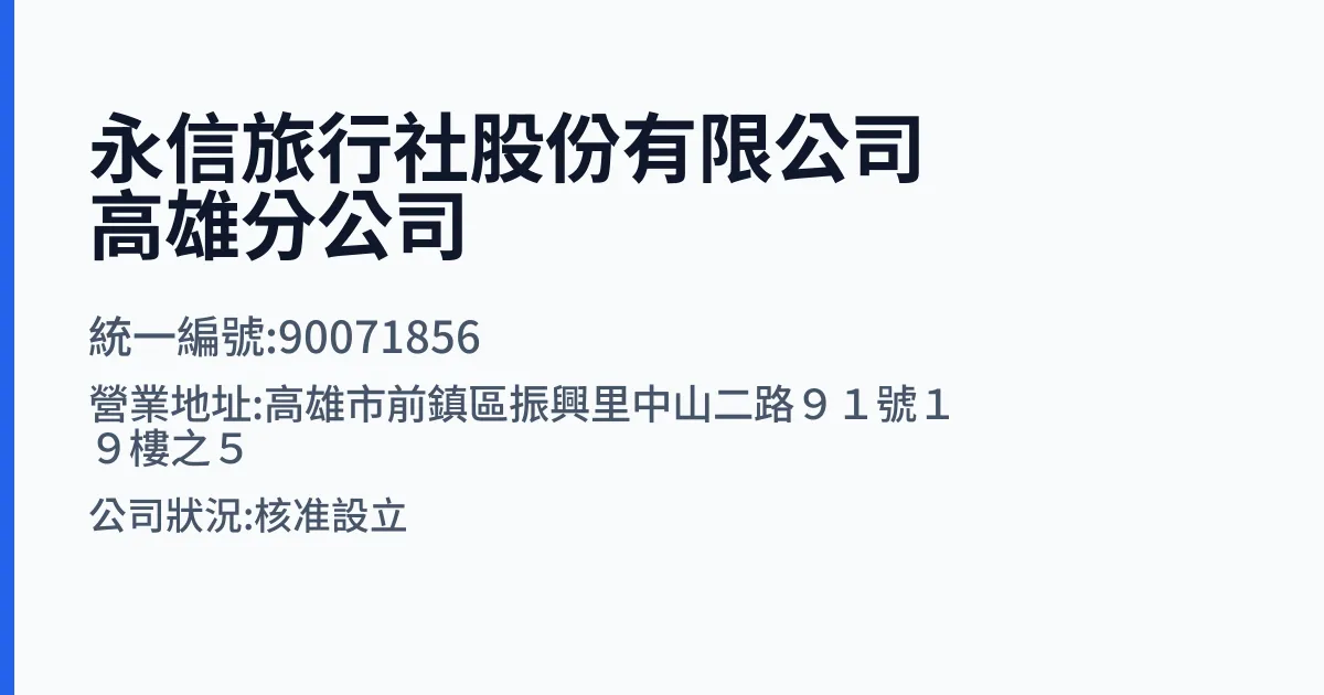 永信旅行社股份有限公司高雄分公司 - 統編 90071856(高雄市) 公司登記資料與營業項目詳細圖表