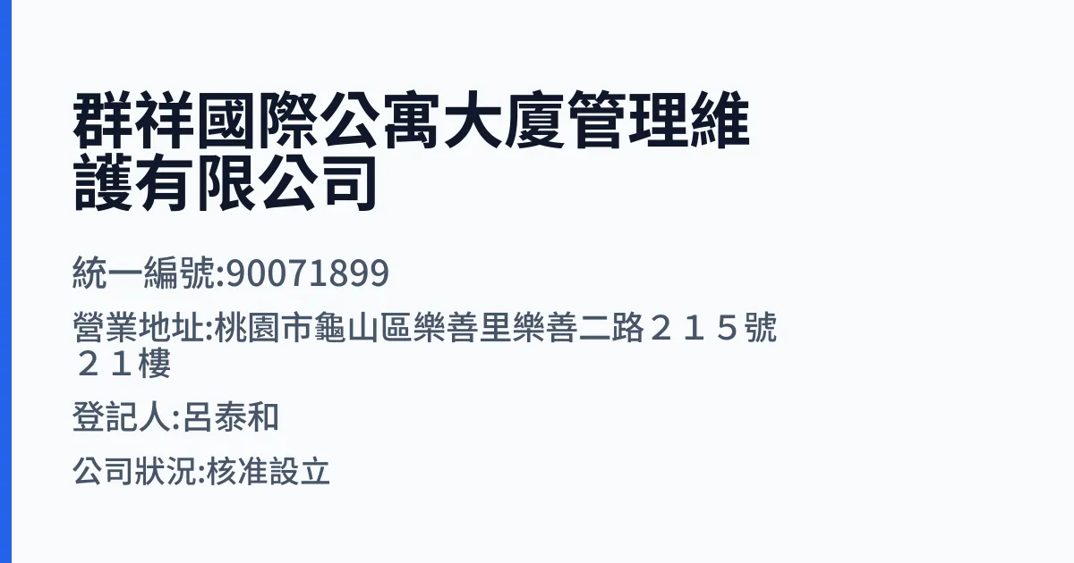 群祥國際公寓大廈管理維護有限公司 - 統編 90071899(桃園市) 公司登記資料與營業項目詳細圖表
