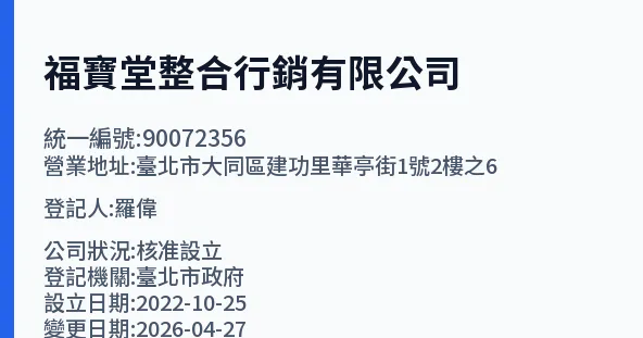 福寶堂整合行銷有限公司的照片-統編 90072356(臺北市) 公司登記資料與營業項目詳細圖表