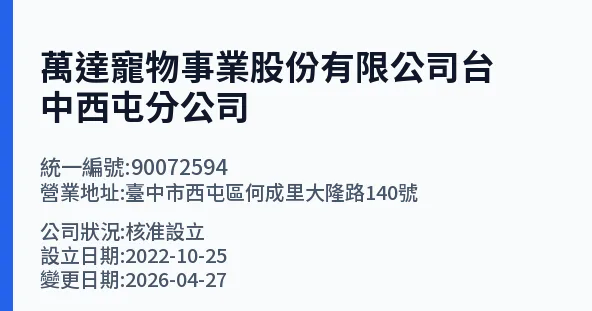 萬達寵物事業股份有限公司台中西屯分公司的照片-統編 90072594(臺中市) 公司登記資料與營業項目詳細圖表