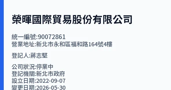 榮暉國際貿易股份有限公司的照片-統編 90072861(新北市) 公司登記資料與營業項目詳細圖表