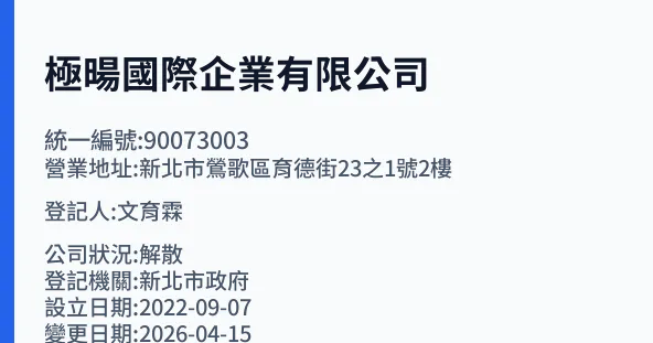 極暘國際企業有限公司的照片-統編 90073003(新北市) 公司登記資料與營業項目詳細圖表