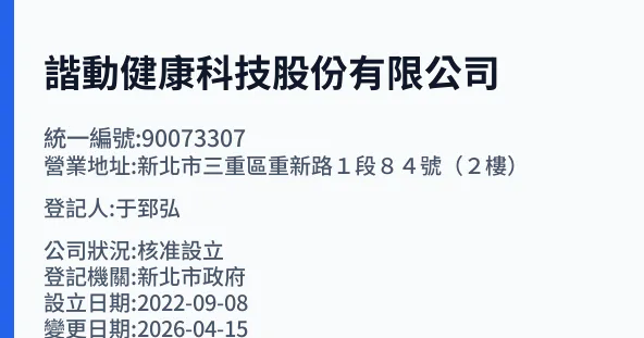 諧動健康科技股份有限公司的照片-統編 90073307(新北市) 公司登記資料與營業項目詳細圖表