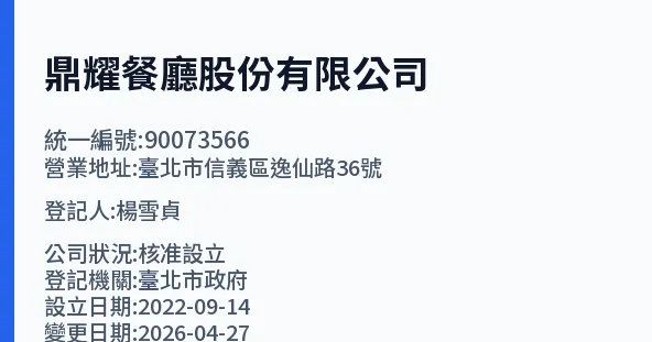 鼎耀餐廳股份有限公司的照片-統編 90073566(臺北市) 公司登記資料與營業項目詳細圖表