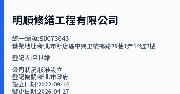 明順修繕工程有限公司的照片-統編 90073643(新北市) 公司登記資料與營業項目詳細圖表