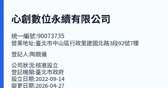 心創數位永續有限公司的照片-統編 90073735(臺北市) 公司登記資料與營業項目詳細圖表