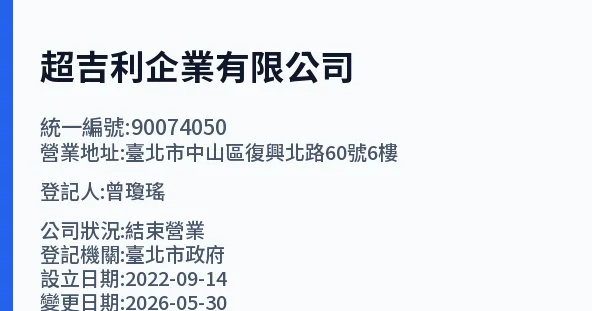 超吉利企業有限公司的照片-統編 90074050(臺北市) 公司登記資料與營業項目詳細圖表