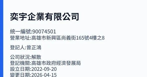 奕宇企業有限公司的照片-統編 90074501(高雄市) 公司登記資料與營業項目詳細圖表