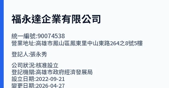 福永達企業有限公司的照片-統編 90074538(高雄市) 公司登記資料與營業項目詳細圖表
