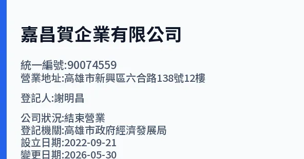 嘉昌賀企業有限公司的照片-統編 90074559(高雄市) 公司登記資料與營業項目詳細圖表
