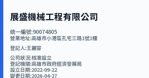 展盛機械工程有限公司的照片-統編 90074805(高雄市) 公司登記資料與營業項目詳細圖表