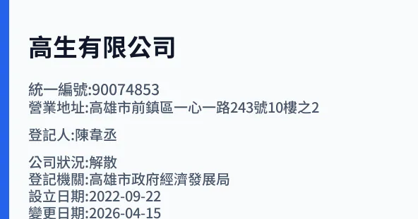 高生有限公司的照片-統編 90074853(高雄市) 公司登記資料與營業項目詳細圖表