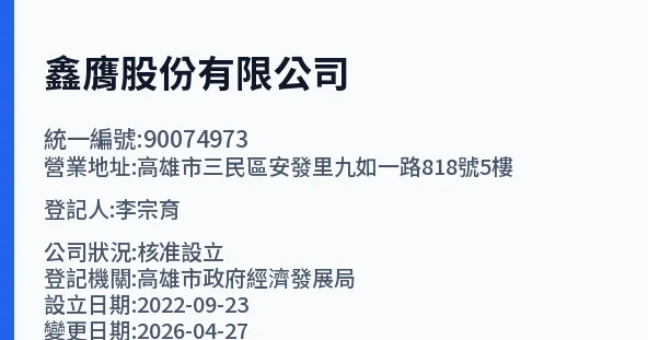 鑫膺股份有限公司的照片-統編 90074973(高雄市) 公司登記資料與營業項目詳細圖表