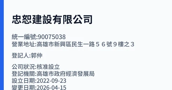 忠恕建設有限公司的照片-統編 90075038(高雄市) 公司登記資料與營業項目詳細圖表