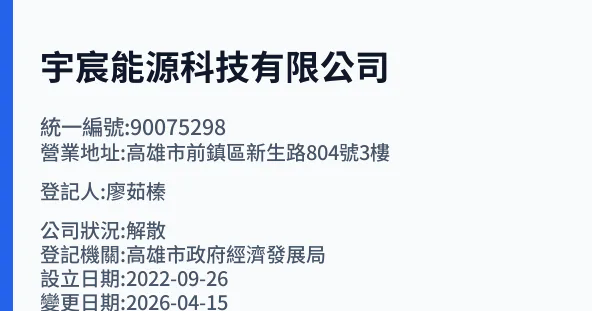 宇宸能源科技有限公司的照片-統編 90075298(高雄市) 公司登記資料與營業項目詳細圖表