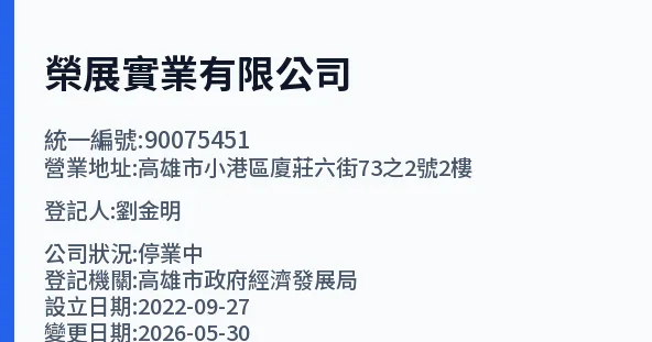 榮展實業有限公司的照片-統編 90075451(高雄市) 公司登記資料與營業項目詳細圖表