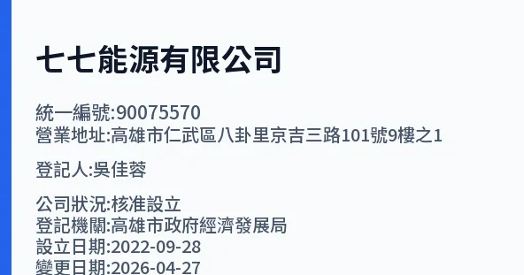 七七能源有限公司的照片-統編 90075570(高雄市) 公司登記資料與營業項目詳細圖表