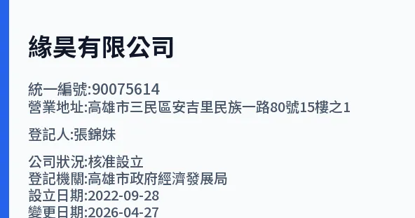 緣昊有限公司的照片-統編 90075614(高雄市) 公司登記資料與營業項目詳細圖表