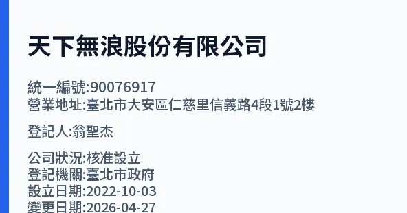 天下無浪股份有限公司的照片-統編 90076917(臺北市) 公司登記資料與營業項目詳細圖表