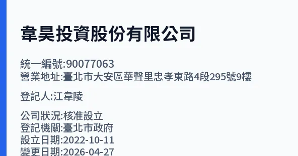 韋昊投資股份有限公司的照片-統編 90077063(臺北市) 公司登記資料與營業項目詳細圖表