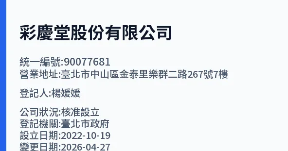 彩慶堂股份有限公司的照片-統編 90077681(臺北市) 公司登記資料與營業項目詳細圖表