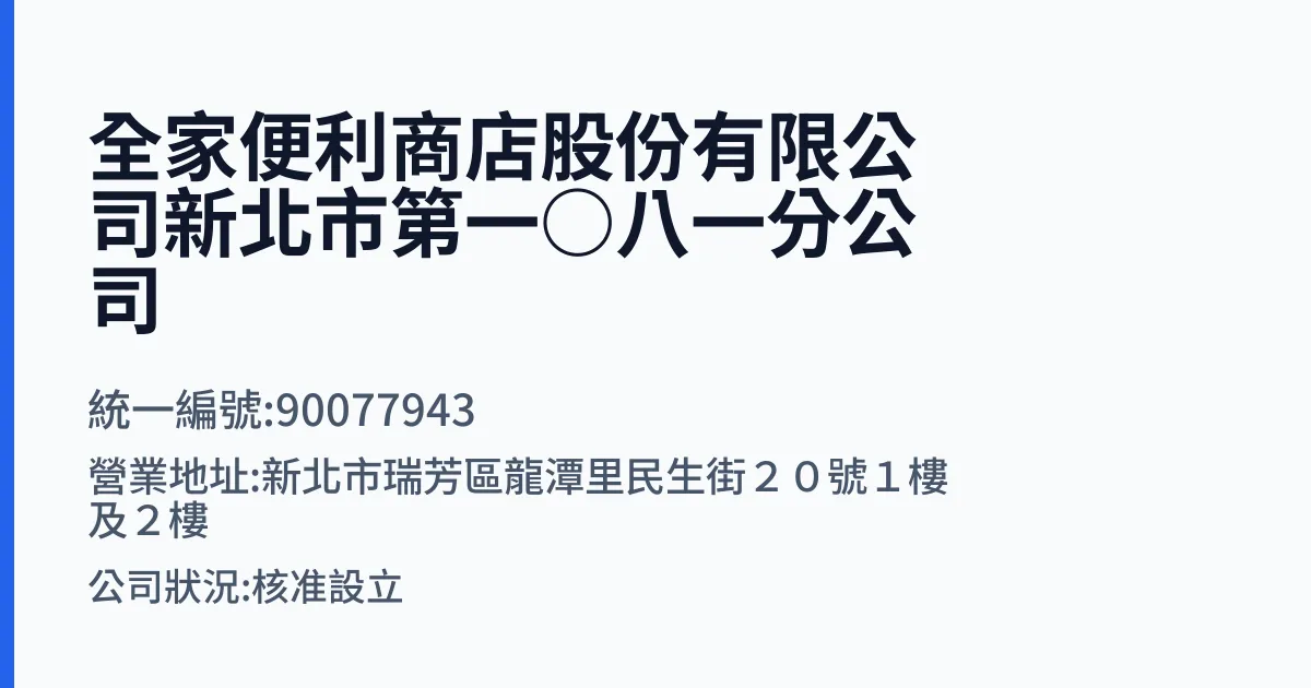 全家便利商店股份有限公司新北市第一○八一分公司 - 統編 90077943(新北市) 公司登記資料與營業項目詳細圖表