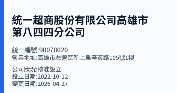 統一超商股份有限公司高雄市第八四四分公司的照片-統編 90078020(高雄市) 公司登記資料與營業項目詳細圖表
