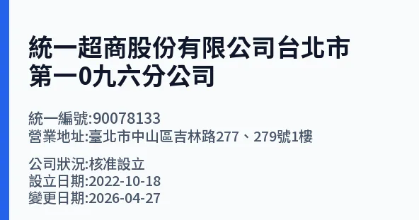 統一超商股份有限公司台北市第一0九六分公司的照片-統編 90078133(臺北市) 公司登記資料與營業項目詳細圖表