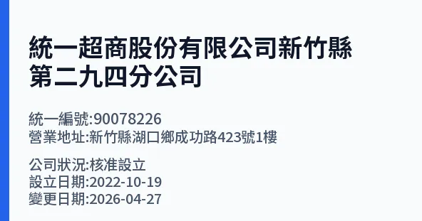 統一超商股份有限公司新竹縣第二九四分公司的照片-統編 90078226(新竹縣) 公司登記資料與營業項目詳細圖表