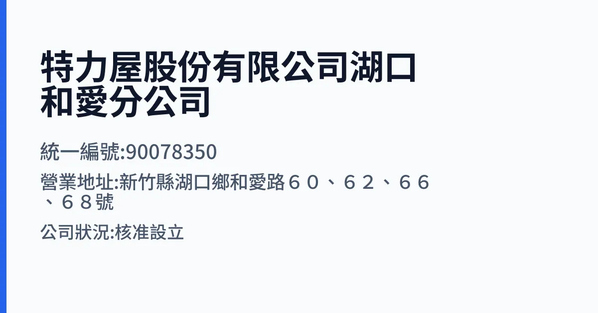特力屋股份有限公司湖口和愛分公司 - 統編 90078350（新竹縣） 公司登記資料與營業項目詳細圖表