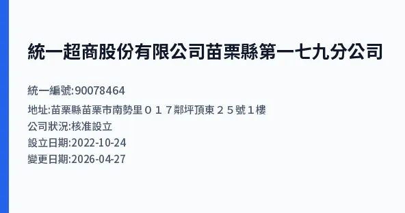 統一超商股份有限公司苗栗縣第一七九分公司的照片-統編 90078464(苗栗縣) 公司登記資料與營業項目詳細圖表