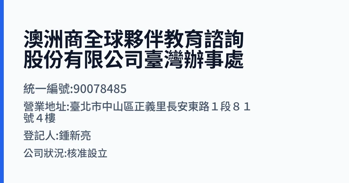 澳洲商全球夥伴教育諮詢股份有限公司臺灣辦事處 - 統編 90078485(臺北市) 公司登記資料與營業項目詳細圖表
