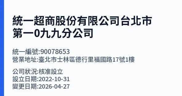 統一超商股份有限公司台北市第一0九九分公司的照片-統編 90078653(臺北市) 公司登記資料與營業項目詳細圖表