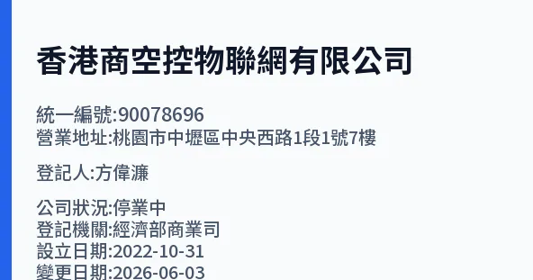 香港商空控物聯網有限公司的照片-統編 90078696(桃園市) 公司登記資料與營業項目詳細圖表