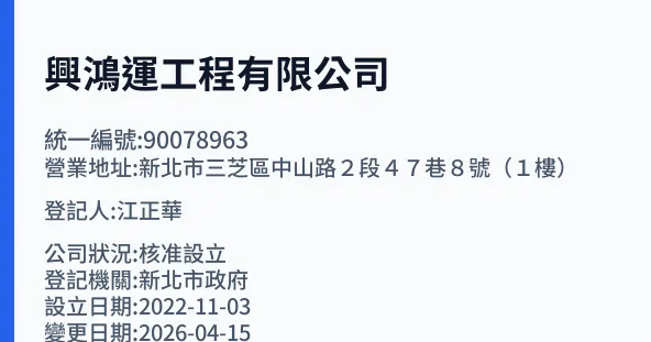 興鴻運工程有限公司的照片-統編 90078963(新北市) 公司登記資料與營業項目詳細圖表