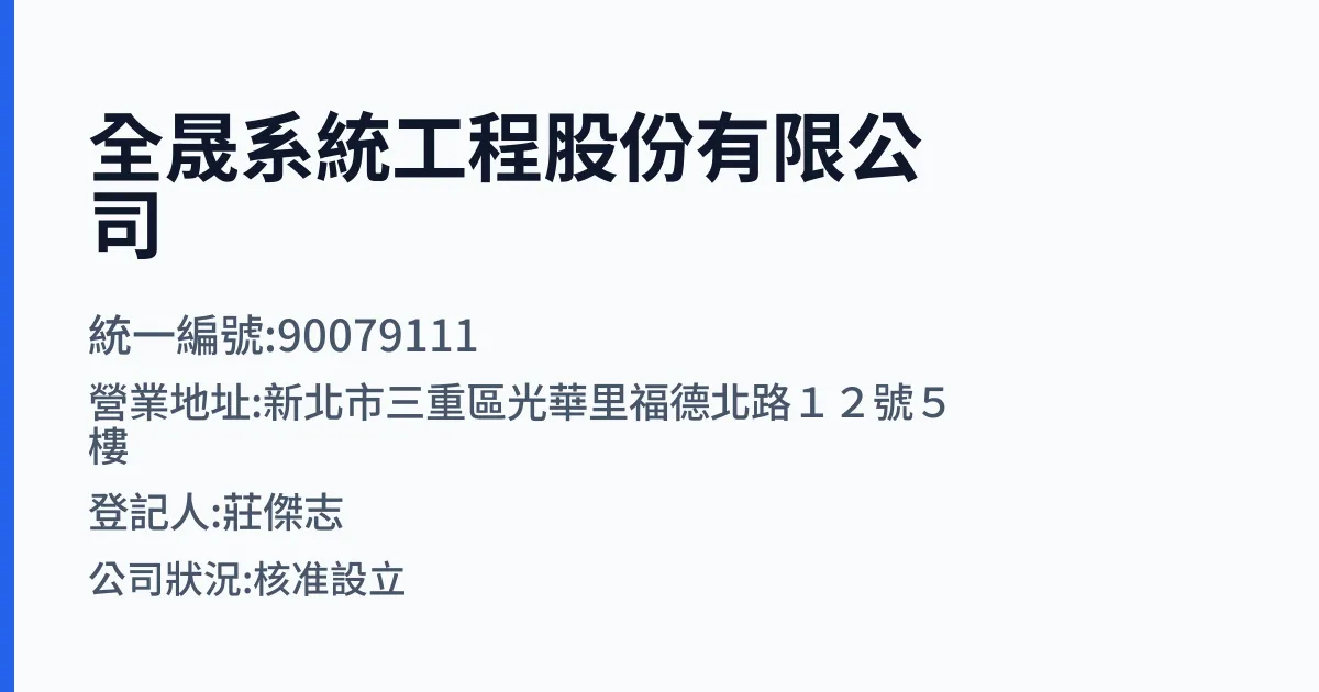全晟系統工程股份有限公司 - 統編 90079111(新北市) 公司登記資料與營業項目詳細圖表