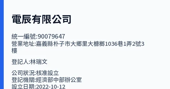 電辰有限公司的照片-統編 90079647(嘉義縣) 公司登記資料與營業項目詳細圖表