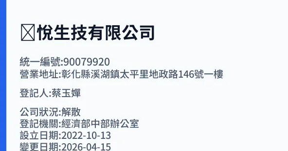 㯋悅生技有限公司的照片-統編 90079920(彰化縣) 公司登記資料與營業項目詳細圖表