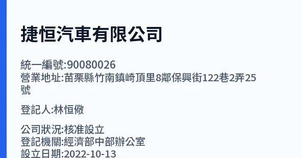捷恒汽車有限公司的照片-統編 90080026(苗栗縣) 公司登記資料與營業項目詳細圖表