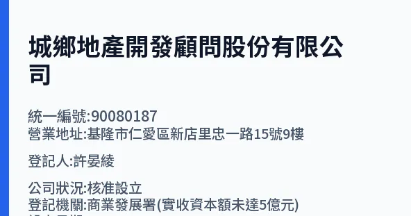 城鄉地產開發顧問股份有限公司的照片-統編 90080187(基隆市) 公司登記資料與營業項目詳細圖表