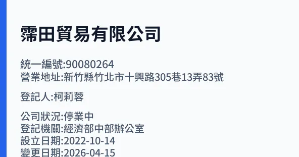 霈田貿易有限公司的照片-統編 90080264(新竹縣) 公司登記資料與營業項目詳細圖表
