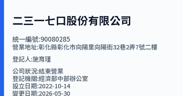 二三一七口股份有限公司的照片-統編 90080285(彰化縣) 公司登記資料與營業項目詳細圖表