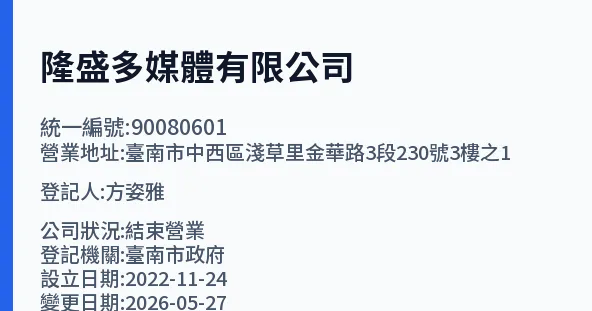 隆盛多媒體有限公司的照片-統編 90080601(臺南市) 公司登記資料與營業項目詳細圖表