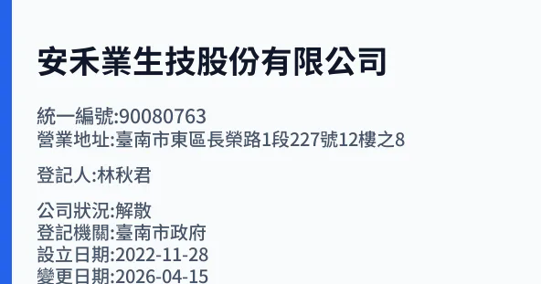 安禾業生技股份有限公司的照片-統編 90080763(臺南市) 公司登記資料與營業項目詳細圖表