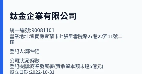 鈦金企業有限公司的照片-統編 90081101(宜蘭縣) 公司登記資料與營業項目詳細圖表
