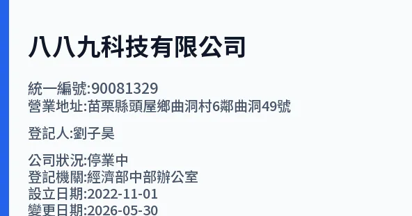 八八九科技有限公司的照片-統編 90081329(苗栗縣) 公司登記資料與營業項目詳細圖表