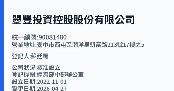 曌豐投資控股股份有限公司的照片-統編 90081480(臺中市) 公司登記資料與營業項目詳細圖表
