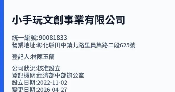 小手玩文創事業有限公司的照片-統編 90081833(彰化縣) 公司登記資料與營業項目詳細圖表